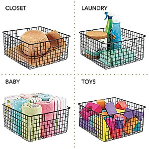 mDesign Metal Wire Food Storage Basket Organizer with Handles for Organizing Kitchen Cabinets, Pantry Shelf, Bathroom, Laundry Room, Closets, Garage - Concerto Collection - 2 Pack - Black