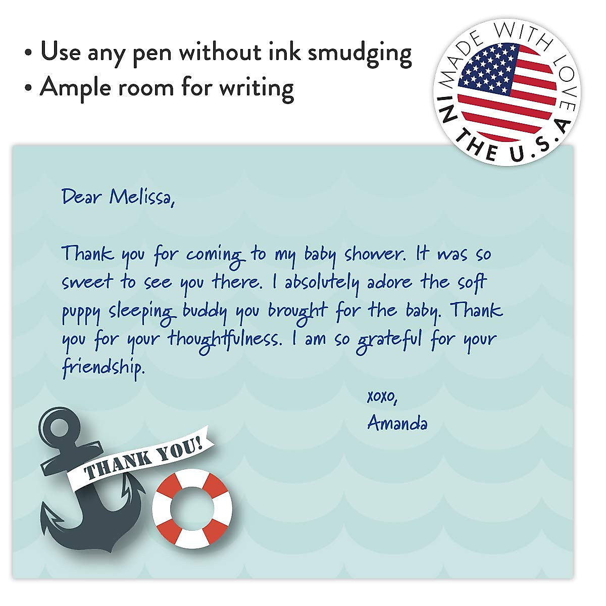 Koko Paper Co Nautical Thank You Cards | 25 Flat Note Cards and Envelopes | Printed on Heavy Card Stock.