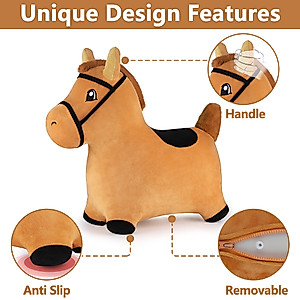 iPlay, iLearn Bouncy Pals Brown Hopping Horse, Toddler Plush Animal Hopper Toy, Kids Inflatable Ride on Bouncer W/Pump, Indoor Outdoor Jumper, Birthday Stocking Gift 18 24 Months 2 3 Year Old Boy Girl