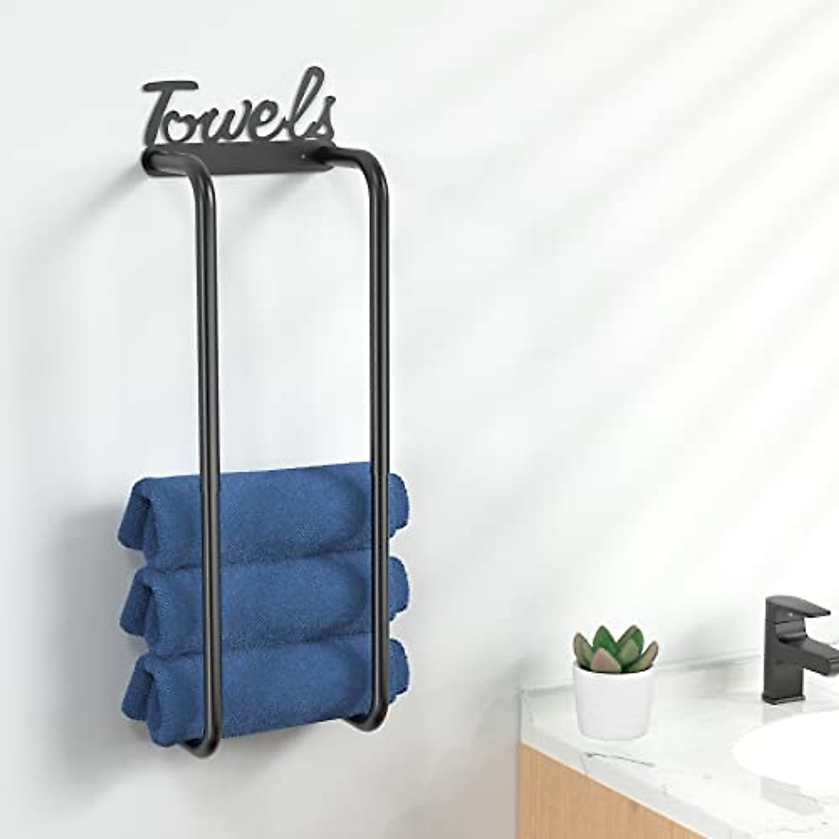 Towel Rack Wall Mounted,Wall Towel Rack for Rolled Towels,Washcloths Bathrobe Storage Shelf Organizer Hand Towels Holder for Bathroom Cloakroom - Black