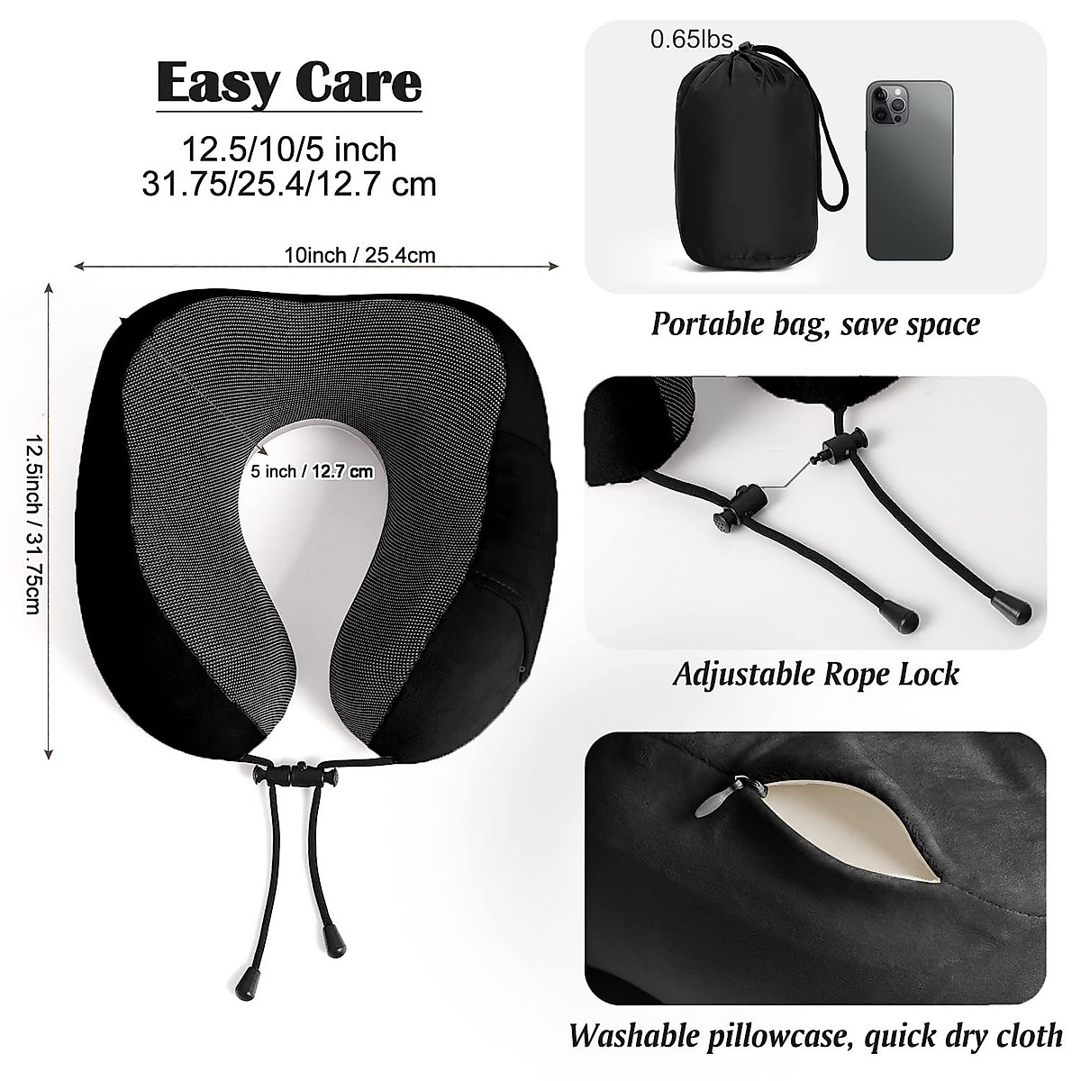 Travel Pillow 100% Pure Memory Foam Neck Pillow, Breathable & Machine Washable Cover, Neck Support Pillow with 3D Contoured Eye Mask, Earplugs & Portable Bag for Airplane Travel (Black)