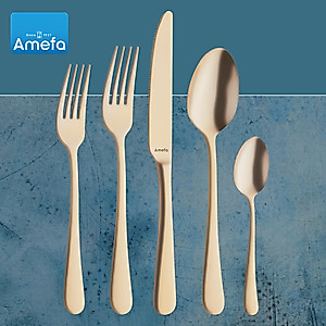 Amefa Austin 20-piece Premium 18/0 Stainless Steel Flatware Set, Satin Golden Finish, Silverware Set Service for 4, Dishwasher Safe, Rust Resistant Cutlery (Gold)