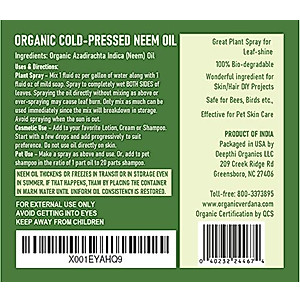 Verdana Organic Cold Pressed Neem Oil for Plants - 32 Fl. Oz - Non GMO - Unrefined, Filtered - High Azadirachtin - Pure Neem Oil, Nothing Added or Removed - Leafshine Spray, Pet Care, Skin & Hair Care
