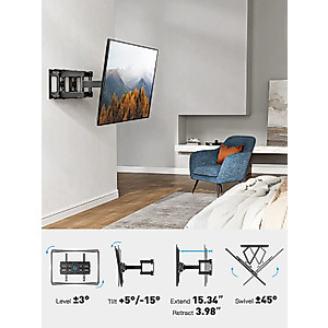 Pipishell TV Wall Mount for 26-65 inch LED LCD OLED 4K TVs, Full Motion TV Mount Bracket Articulating Swivel Extension Tilting Leveling Max VESA 400x400mm Holds up to 99lbs, Fits 12/16 Inch Wood Stud