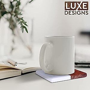 Acacia Wood & White Marble Coasters with Holder (4 Piece) – Square Absorbent Coasters For Drinks: Tea, Coffee, Wine & More – Fancy Half Marble Half Wood Coasters Set for Home & Kitchen Decor (4” x 4”)