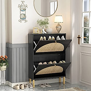 Angel Sar Rattan Shoe Cabinet with 2 Flip Drawers, Slim Narrow Wood Shoe Storage Cabinet, Organizer for Entryway, Hallway, Bedroom, Apartment(Up to Women’s 9.5, Men’s 8.) Black