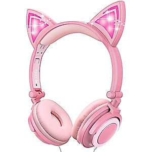 Sunvito cat Ear Headphones, On-Ear Kids Headphones Wired LED Lights 3.5mm Jack, 85dB Volume Control Kid Earphones for School, Foldable Headphones for Kids Headphones (Pink)