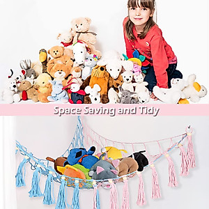 Yvqxvv Stuffed Animal Toy Hammock - Corner Hammock Organizer Display Holder Net Storage Rack Hanging Toys for Boho Kids Girls Bedroom Play Room Decor(Pink＆Blue)