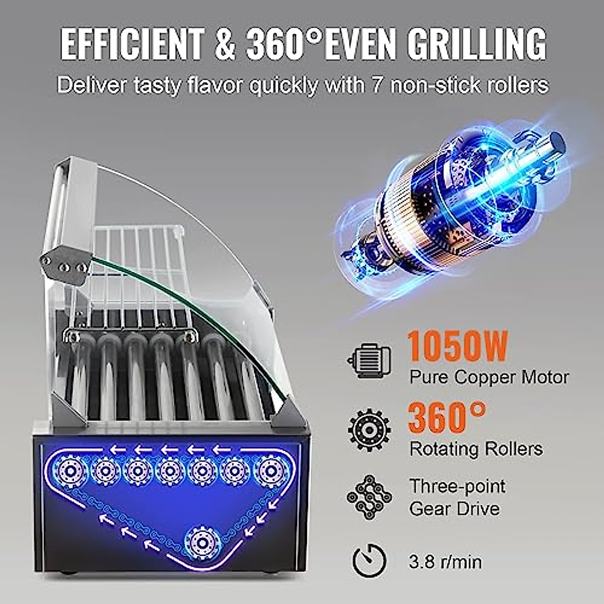 VEVOR Hot Dog Roller 7 Rollers 18 Hot Dogs Capacity 1050W Stainless Sausage Grill Cooker Machine with Dual Temp Control Glass Hood Acrylic Cover Bun Warmer Shelf Removable Oil Drip Tray, ETL Certified