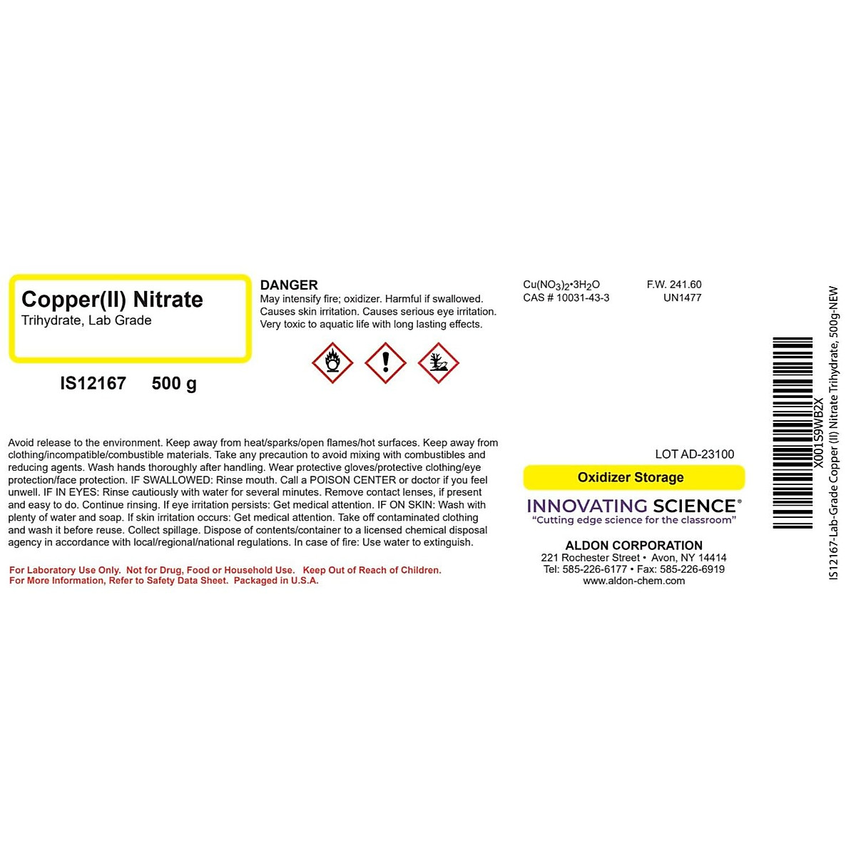 ALDON Innovating Science Lab-Grade Copper (II) Nitrate Trihydrate, 500g - The Curated Chemical Collection
