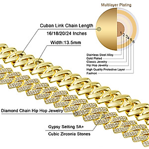 Mens Cuban Link Chain Iced Out Gold Miami Cuban Necklace Bling Diamond Chain Hip Hop Jewelry with Gift Box for Women (Gold-13.5mm,22inch)