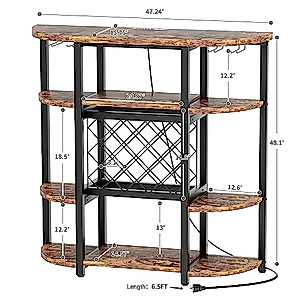 Unikito Wine Rack Freestanding Floor with Oulet and Two LED lights, 4 Tier Industrial Wine Bar Cabinet with Display Shelf, Bar Stand For Liquor, Wine Stand For Kitchen Dining Living Room, Rustic Brown