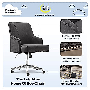 Serta Leighton Home Office Memory Foam, Height-Adjustable Desk Accent Chair with Chrome-Finished Stainless-Steel Base, 27.25D x 24W x 35.75H in, Dark Gray