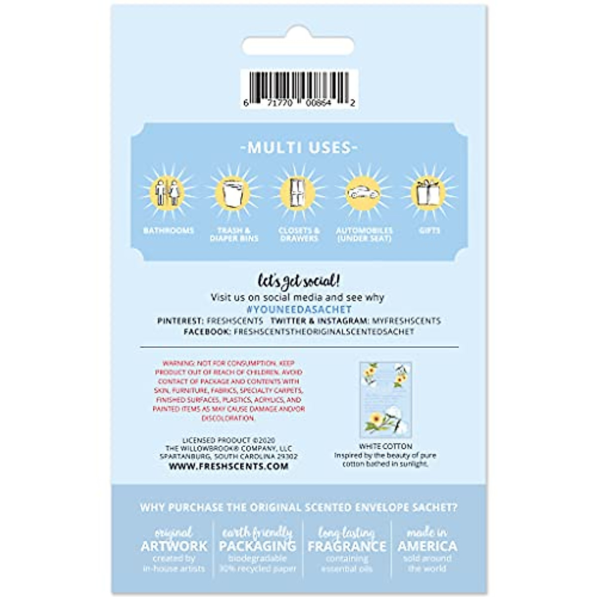 Willowbrook | Fresh Scents Scented Sachet Packet | White Cotton | Air Freshener Bags for Drawers, Closets, Cars | 3 Pack | Long Lasting Home Fragrance