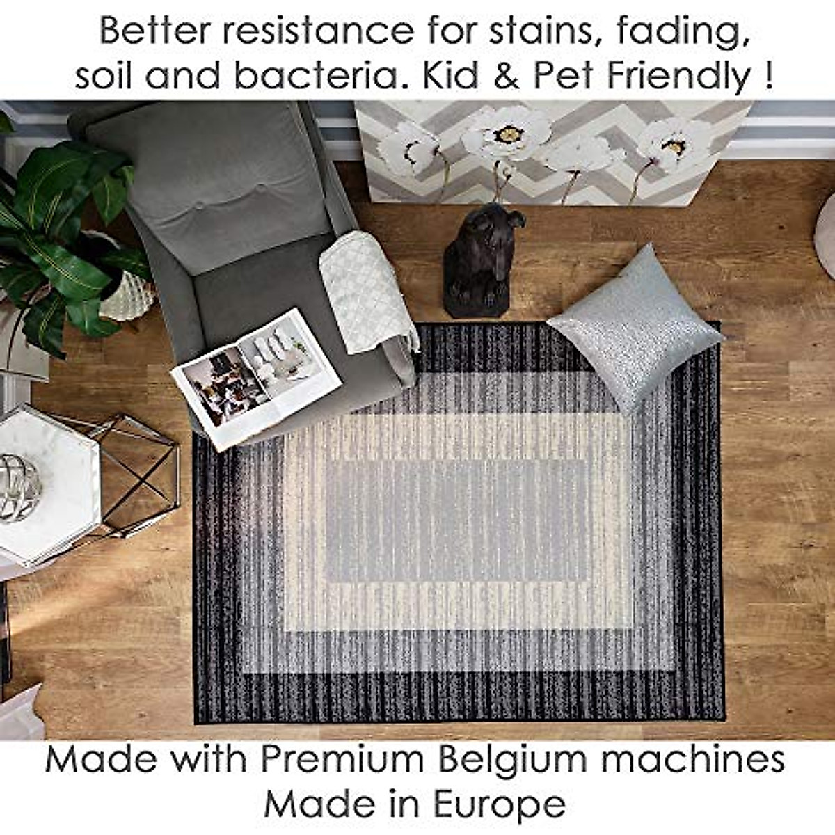 Rubber Backed Area Rug, 39 x 58 inch, Grey Border Striped, Non Slip, Kitchen Rugs and Mats