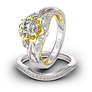 Jeulia 2 Carat Flower Engagement Ring Set for Women 14K Gold Plated Wedding Band Round Cut Cubic Zirconia Rings CZ Solitaire Engagement Rings (5)