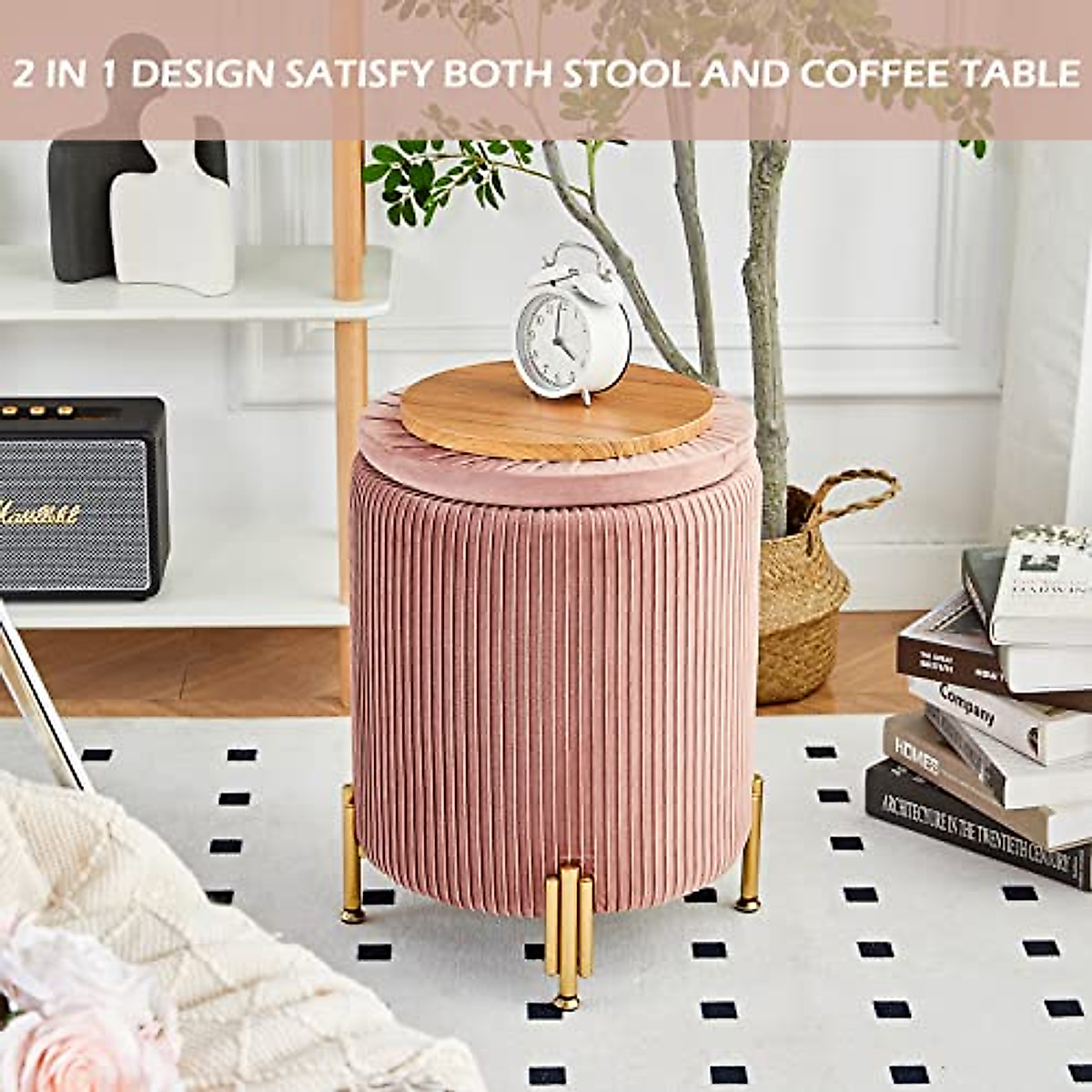 Mxfurhawa Round Ottoman Foot Stool with Storage and Metal Legs for Living Room Bedroom, Velvet Upholstered Footrest Stool Support 300lbs Modern Padded Seat Ottoman Coffee Table (Dusty Rose)