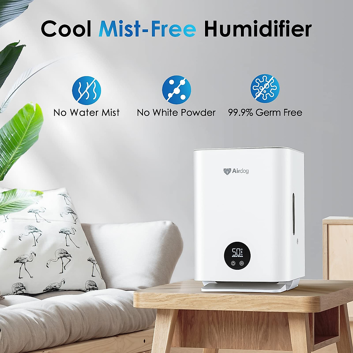 Airdog Evaporative Humidifier, Nanoscale Cool Mist-Free Humidifier for Bedroom Large Room, Whisper Quiet, Constant Humidity, Easy to Clean, Remote Control, 3L Air Humidifier for Baby, Indoor Plants