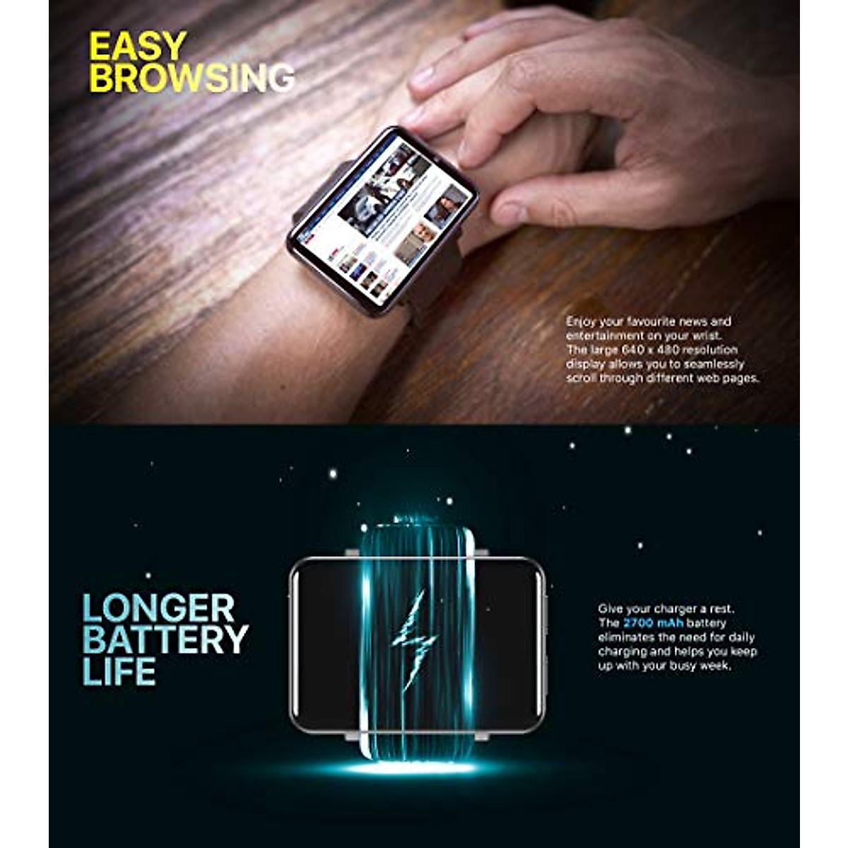 Rainbuvvy Smart Watch Men 3GB +32GB 2700mAh 2.86" Large Screen with Face ID Camera GPS WiFi 4G Android Smartwatch Phone (Silver)