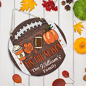 Personalized Football Door Hanger Fall Sign Custom Text Wooden Tis the season Front Door Sign Front Porch Decor Fall Welcome Sign Football Fall Hanging Decorations Autumn Thanksgiving Christmas Seasonal Decor