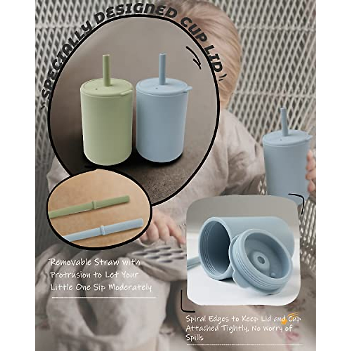 DF DUALFERV 2 Pcs Silicone Sippy Cup, Silicone Straw Cups for Toddlers, Baby Straw Cup, Silicone Sippy Cups for Baby 6 Months (Blue, Green)