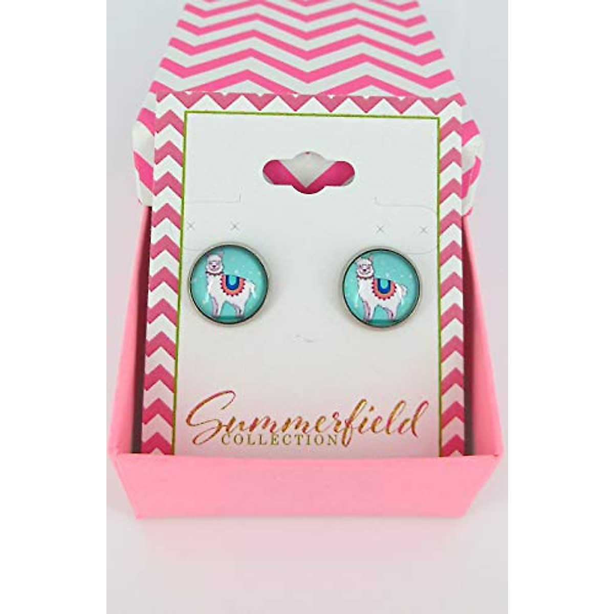 Stainless Steel Llama Print Glass Stud Earrings 12mm (Teal)