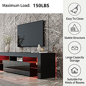 Qiyom Modern High Gloss LED TV Stand for TVs Up to 70", Media Console with 2 Drawers and 2 Glass Shelf, Rustic Entertainment Center for Living Room - Black