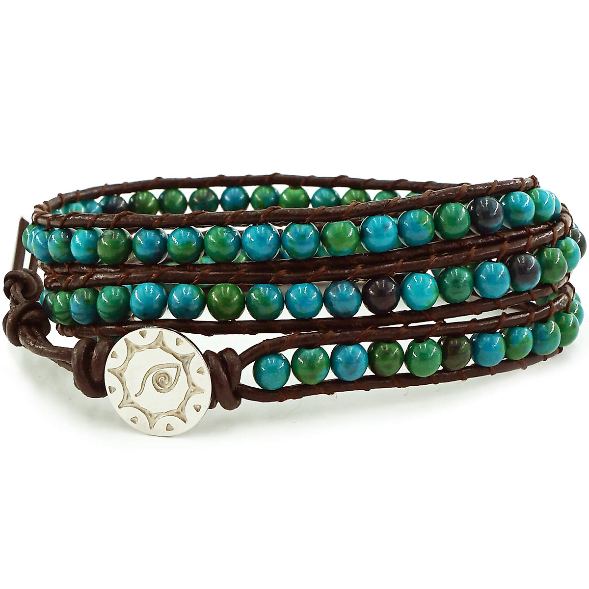 BLUEYES COLLECTION "Amicable Blue Mix Green ChrysocollaGemstone Beads Genuine Leather Bracelet, 3 Wraps