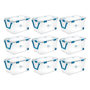 Sterilite 120 Qt Wheeled Gasket Box, Stackable Storage Bin with Latching Lid, Handle and Tight Seal, Plastic Container with Clear Base and Lid, 9-Pack