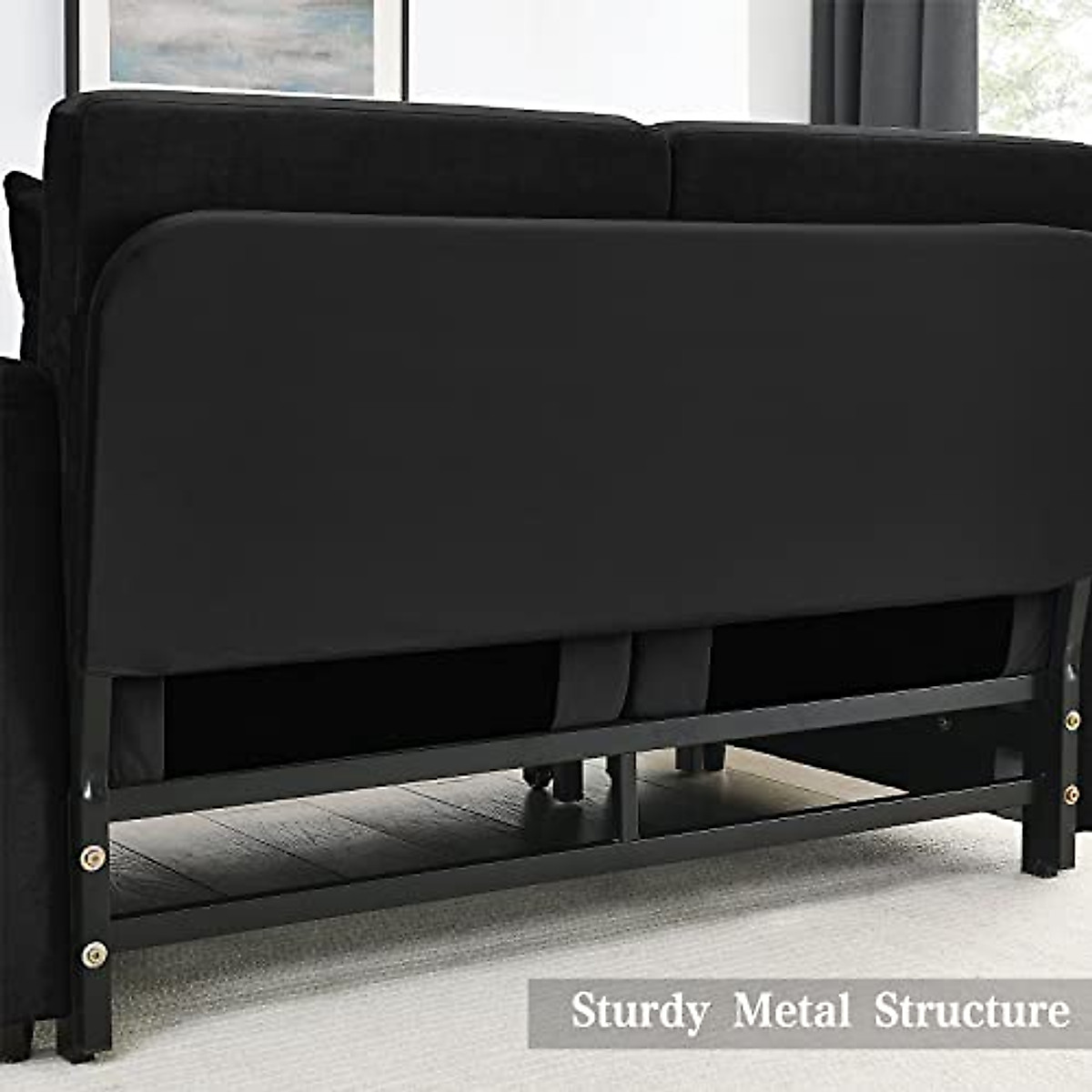 KIVENJAJA Convertible Sleeper Sofa Bed, Modern Velvet Loveseat Couch with Pull Out Bed, Small Love Seat Futon Sofa Bed with Headboard, 2 Pillows & Side Pockets for Living Room, 54” (Black)