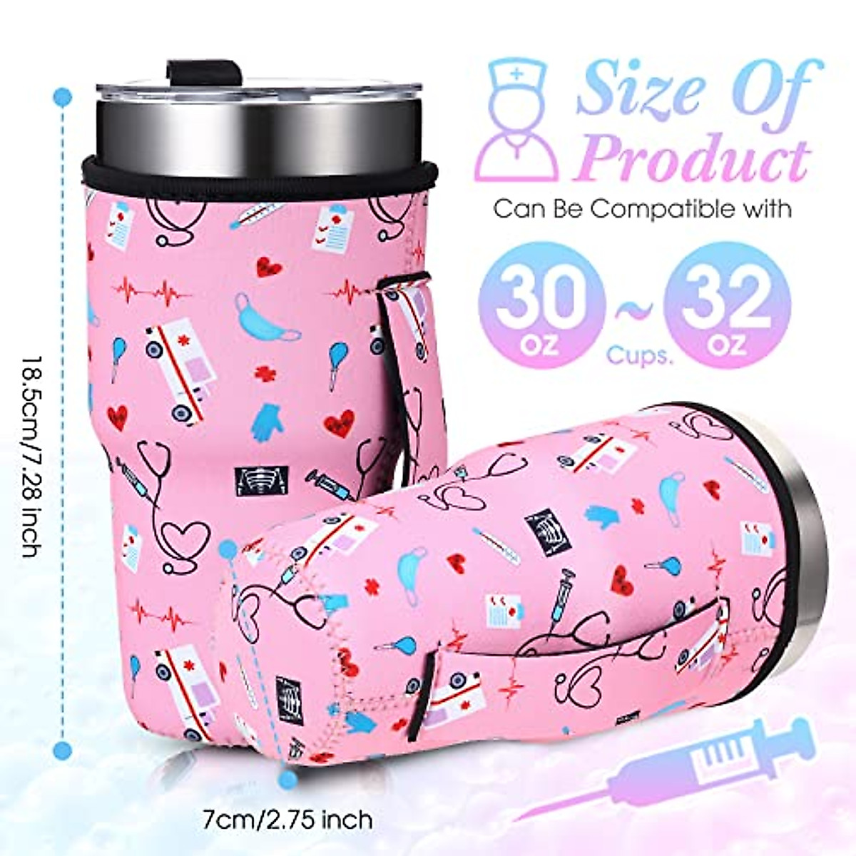 6 Pcs Nurses Appreciation Gifts Reusable Iced Coffee Cup Sleeve Neoprene Insulated Sleeves Tumbler Cup Drinks Sleeve Holder with Handle for Nurse Birthday Graduation Birthday 30 oz Cold Hot Beverages