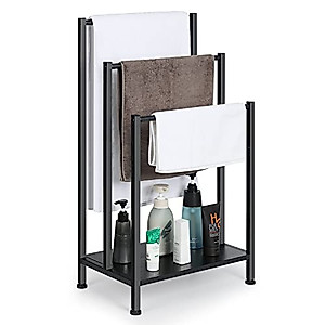 Free Standing Towel Rack, 3 Tier Metal Towel Racks Stand with Modern Black Wooden Storage Shelf, Multipurpose Hand Towel Drying Holder Stand for Bath & Blanket, Washcloths, Tub or Shower Organizer