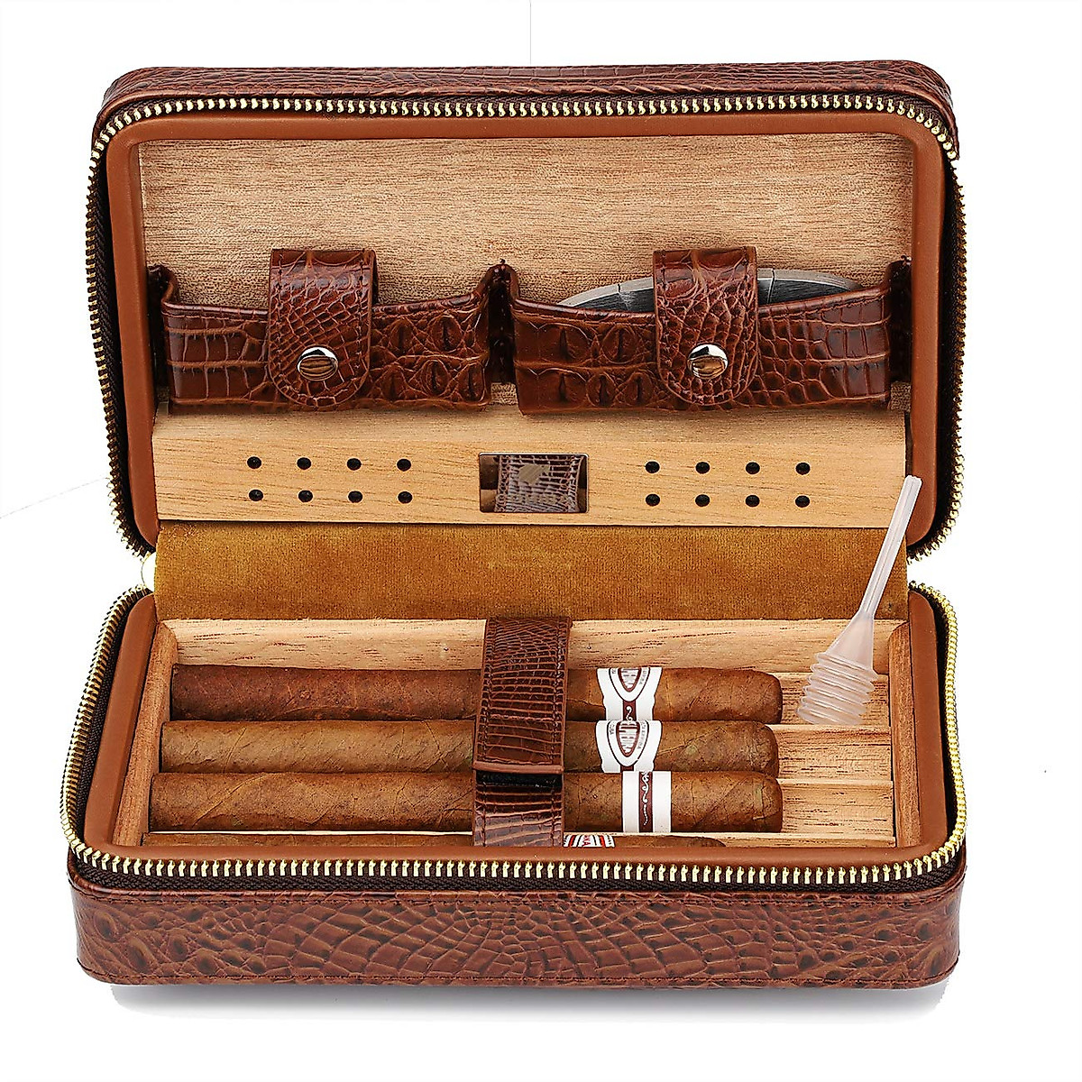 TIME C Club 4-Finger Portable Travel Crocodile Skin-Style Burgundy Leather Cigar Case, Cigar Humidor, Cigar Cutter and Humidifier, Father's Day, Birthday Gift