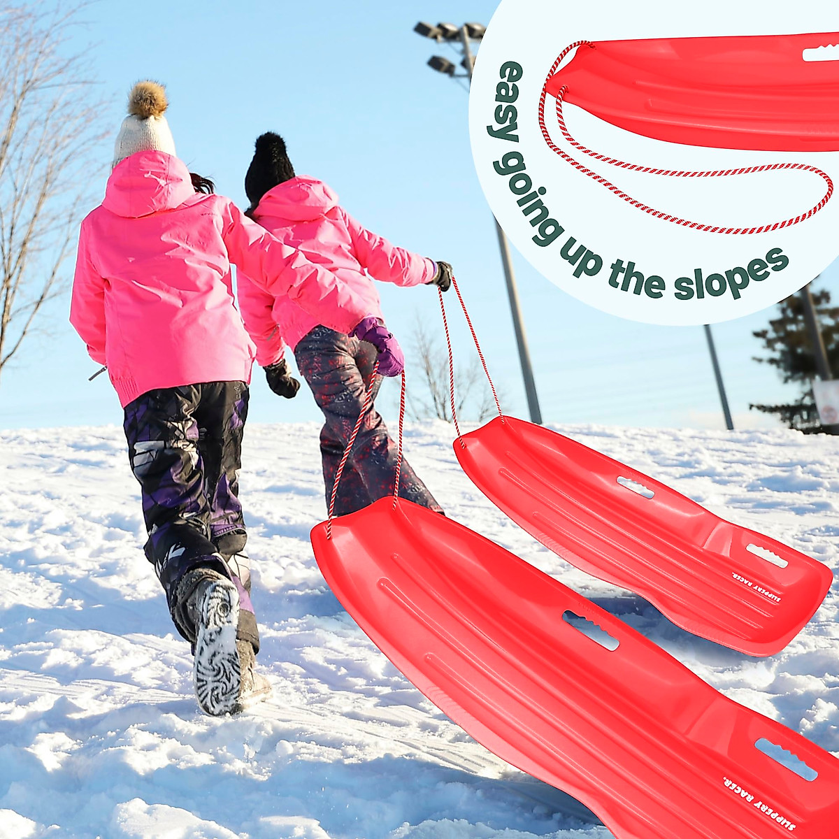 Slippery Racer Downhill Xtreme Flexible Adults and Kids Plastic Toboggan Snow Sled for Up to 2 Riders with Pull Rope, (2 Pack) (Red/Green)