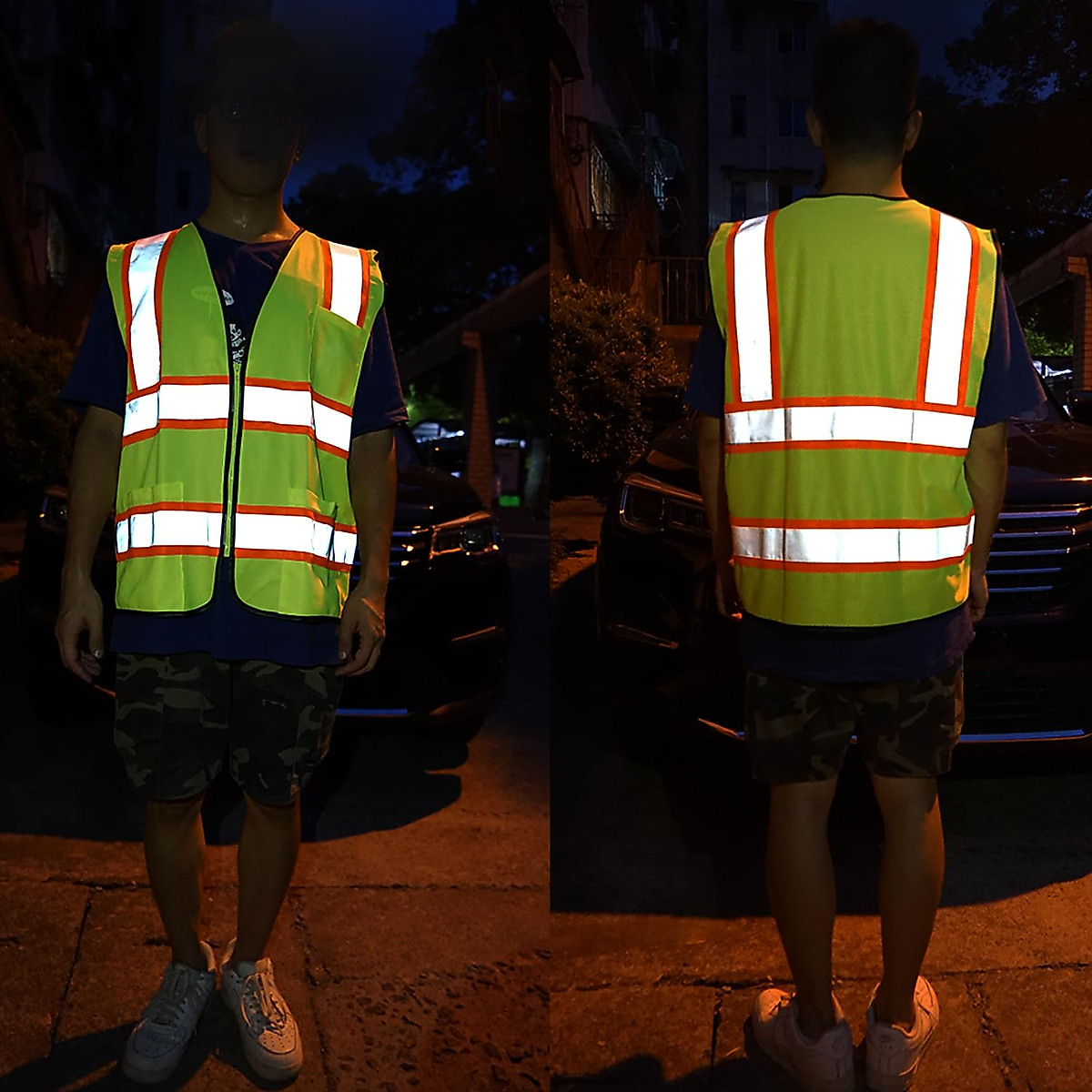 T-Sheng A Mesh and Knitted Safety Vest for Men with Pockets and Zipper Bright Neon Color with Reflective Strips,High Reflective Vest Fit Unisex Perfect M