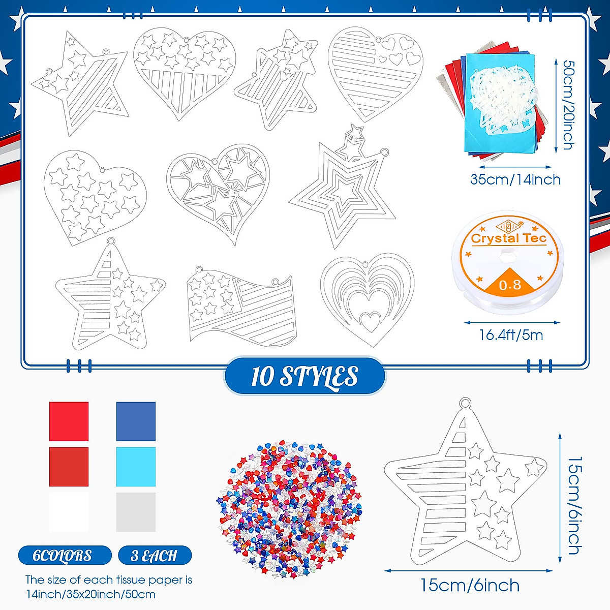 Junkin 20 Pcs Suncatcher Kit Independence Day Craft Kit 4th of July Suncatcher Kit Tissue Paper Patriotic Star Suncatcher Craft Window Art Kit with 18 Tissue Paper for DIY Patriotic Star Party Favor