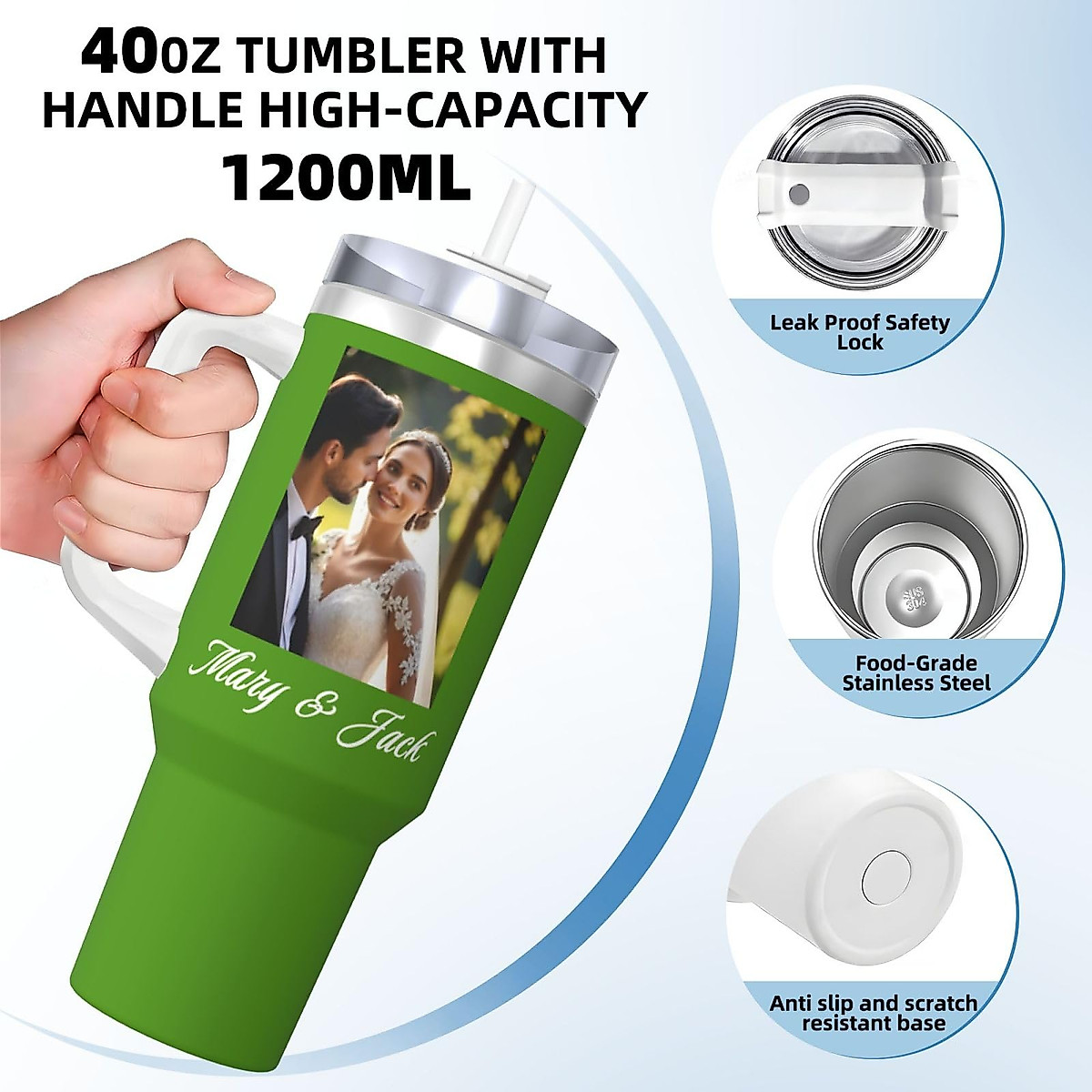 deaokluy Personalized 40 OZ Ice Bully Cup with Handle Straw, Custom Stainless Steel Tumbler with Lid Add Photo Logo Text, Design Travel Coffee Cup, Personalized Present for Friends Birthday Christmas