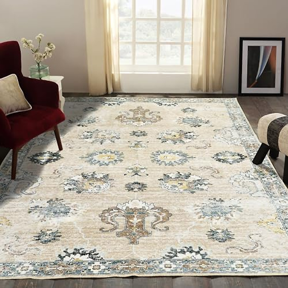 Kaspene Home - Machine Washable Thin 3x5 Area Rug - Oriental Vintage Blue and Brown, Bedroom, Hallway, Bathroom, and Entryway - Stain and Water-Resistant - Non-Slip - Pet and Kid Friendly