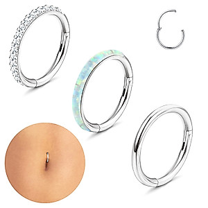 Sanfenly 14G Belly Button Rings 316L Surgical Steel Belly Ring Hoop Clear CZ Opal Navel Rings Hoop Clicker Segment Belly Piercing Jewelry Gold Silver Tone 8mm 10mm 12mm