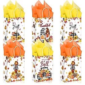Seajan 32 Pieces Thanksgiving Gift Bags with Tissue Paper Thanksgiving Party Favor Bag with Handles Fall Party Treat Paper Bags Fall Candy Bags Thanksgiving Fall Autumn Party Supplies and Gifts