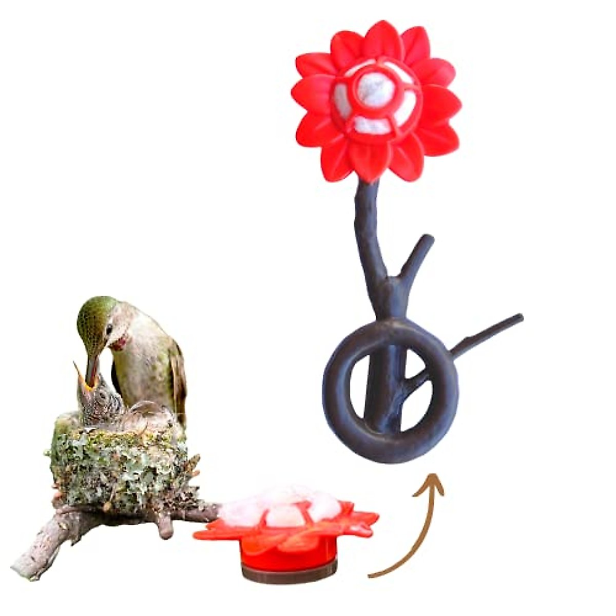 Quackups 5.5" Hummingbird Nesting Home with Nesting Fibers Enclosed in Red Flower, Easily Clips on Branch, Bushes for Outdoor Patio Garden
