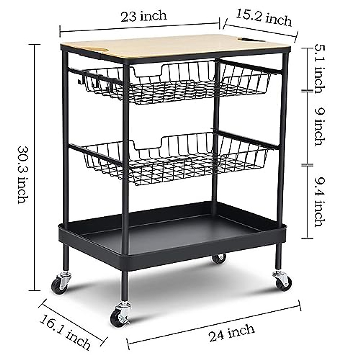 VLOBAOM Home Bar Serving Cart, Rolling Kitchen Island with Removable Wooden Tabletop & Storage Baskets, Mobile Kitchen Serving Trolley,24''Dx16''Wx30''H,Black