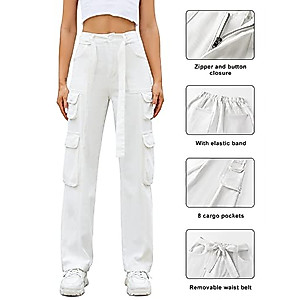 Micoson Women High Waist Cargo Pants with 8 Pockets Straight-Leg Loose Girl Moisture Wicking Oversized White Cargo Jeans White,XXL
