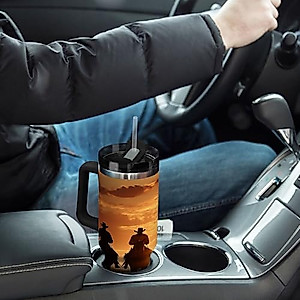Flradish 30oz Tumbler with Handle, Desert Troops Cowboy under Sunset Stainless Steel Tumbler with Lid and Straws Double Wall Vacuum Insulated Leakproof Coffee Travel Mug