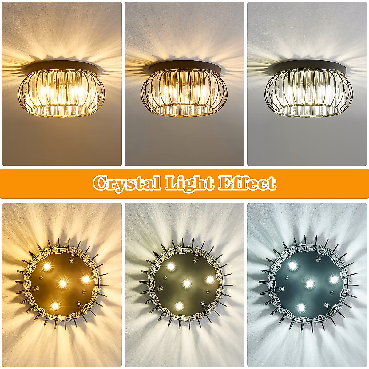 BUXVRCS Modern Crystal Chandelier, 4-Light Flush Mount Ceiling Light Fixtures, Overhead Light Fixture Black Ceiling Lamp for Hallway Bedroom Bathroom Living Room Kitchen G9 Socket