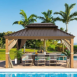 EROMMY 12' x 14' Gazebo, Wooden Finish Coated Aluminum Frame Canopy with Double Galvanized Steel Hardtop Roof, Outdoor Permanent Metal Pavilion with Curtains and Nettings for Patio, Backyard and Deck