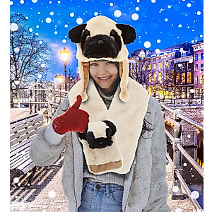 DolliBu Pug Dog Plush Hat and Scarf Set – Super Soft Pug Dog Stuffed Animal on Hat and Scarf, Cozy Winter and Snow Accessories for Kids and Adults–One Size