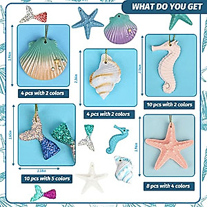 LOMIMOS 36PCS Christmas Ocean Themed Ornament,Colorful Summer Resin Pencil Finger with Rope,Assorted Beach Seashell Starfish Seahorse Nautical Hanging Decor for Wedding Birthday Party Craft
