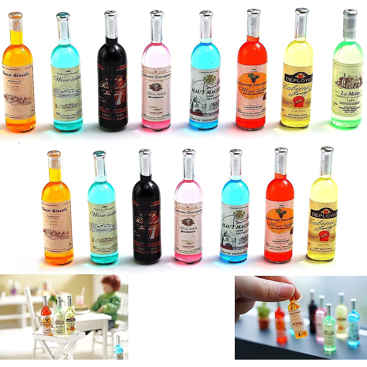 15 pcs 1:12 Doll Toy Bottles Wine Bottles Mini Food Mini House Drink Accessories for Dollhouse Miniature Bottles (15 Pcs Wine Bottles)