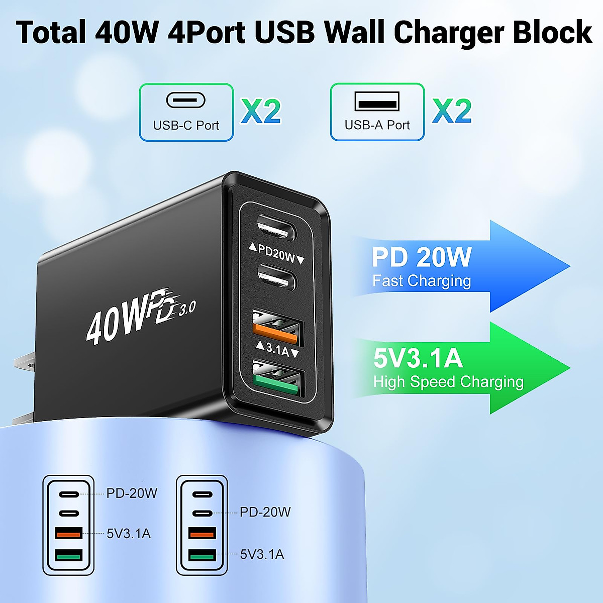 2 Pack USB C Charger Block 40W 4Port Fast Charging Brick Dual USB C Wall Charger Plug Phone Charger Cube Compatible with iPhone Pro 15 14 13 12 11 Pro Max, iPad, Samsung Galaxy, Google,Tablet